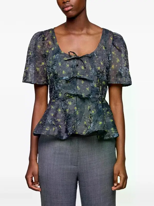 GANNI Floral-print Peplum Blouse - Grey