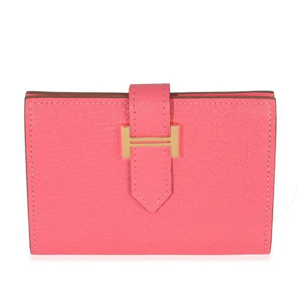 Hermès Rose Lipstick Chevre Mysore Bearn Card Holder Wallet Ghw - Pink