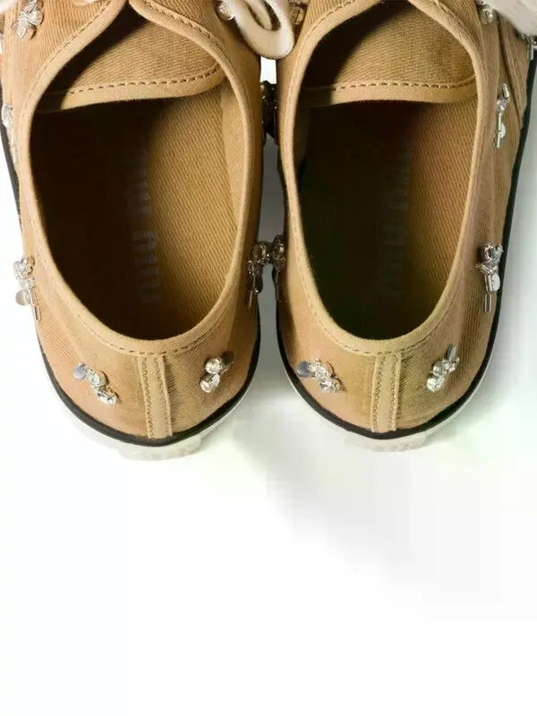 Miu Miu Embroidered Drill Sneakers With Crystal Embellishments - Neutrals