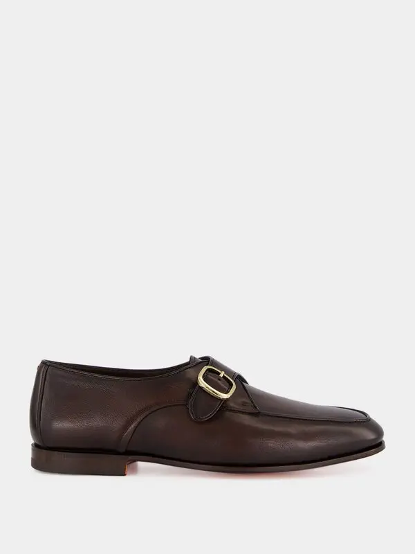 Santoni Leather Single Monk Strap Shoes - Brown