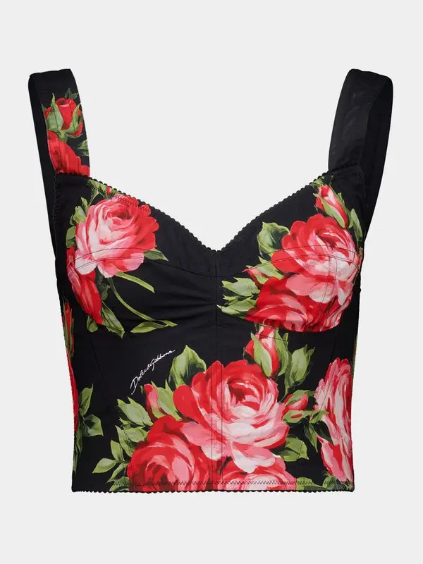 Dolce & Gabbana Rose Bouquet Cotton Bustier Top - Black