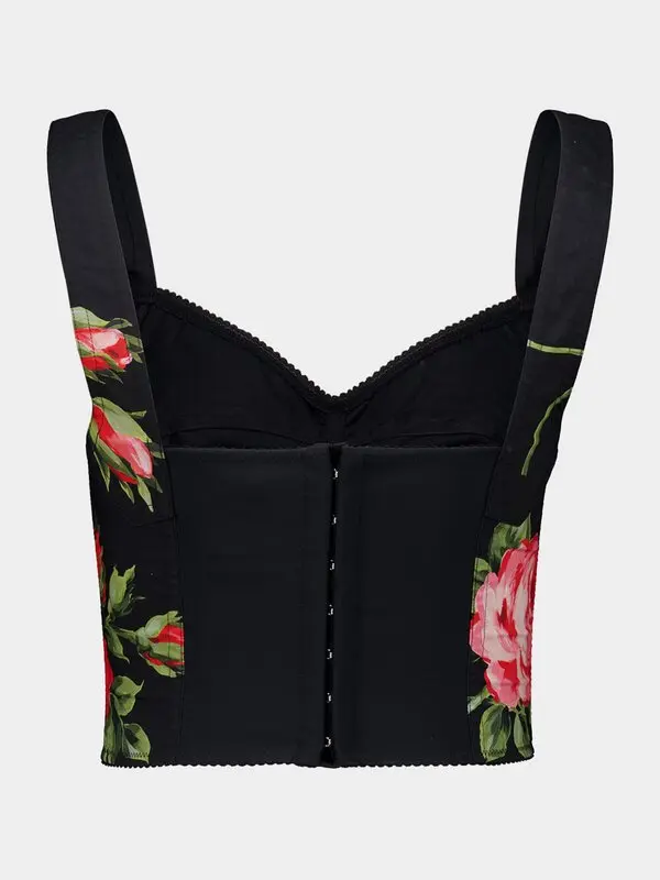 Dolce & Gabbana Rose Bouquet Cotton Bustier Top - Black