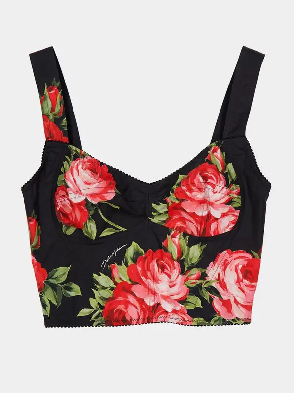 Dolce & Gabbana Rose Bouquet Cotton Bustier Top - Black