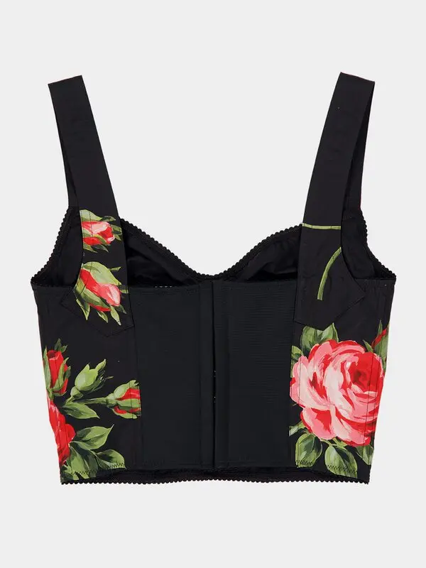 Dolce & Gabbana Rose Bouquet Cotton Bustier Top - Black