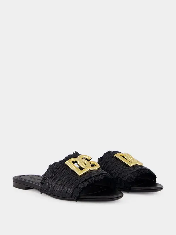 Dolce & Gabbana Raffia Fringed Flat Slides - Black