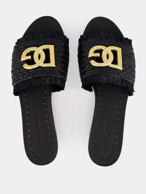 Dolce & Gabbana Raffia Fringed Flat Slides - Black