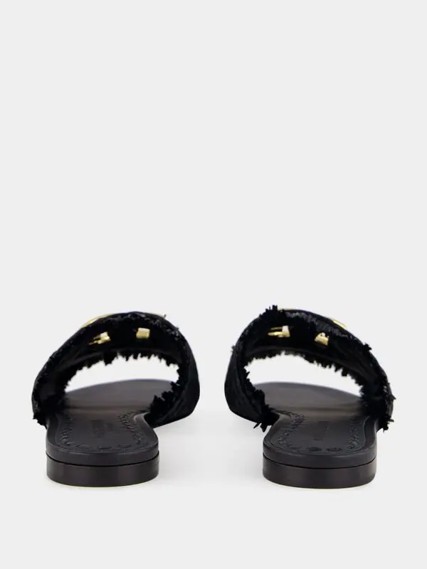 Dolce & Gabbana Raffia Fringed Flat Slides - Black