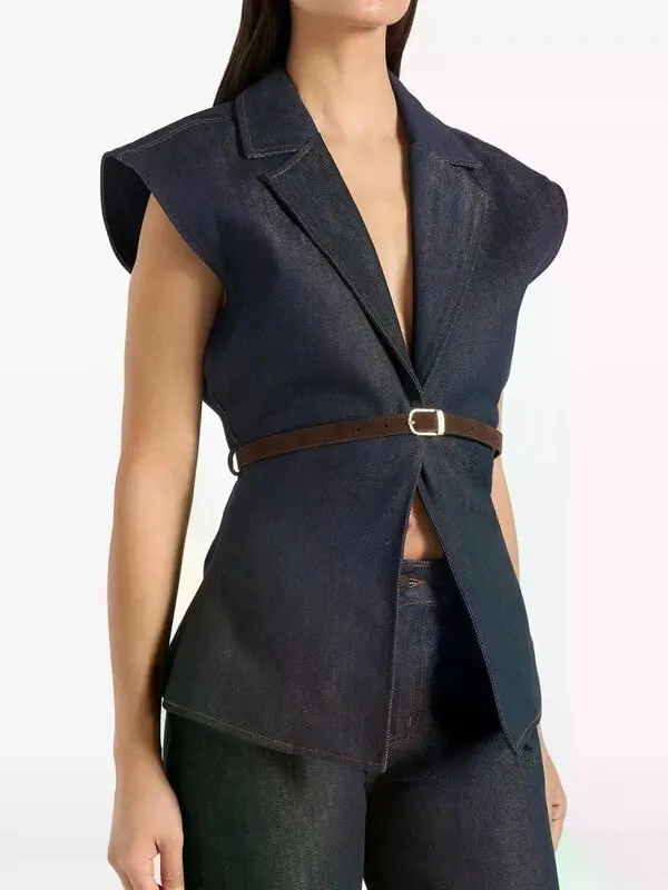 Manière De Voir Linda Wide Shoulder Cinched Denim Waistcoat - Blue