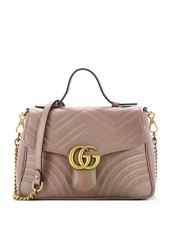 Gucci Gg Marmont Top Handle Flap Bag Matelasse Leather Small Satchel - Neutrals