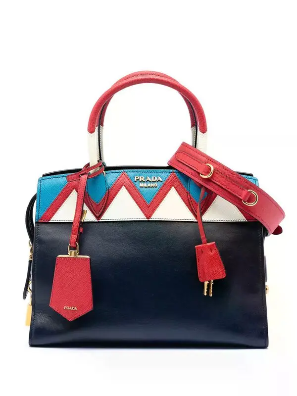 Prada Medium Saffiano Trimmed City Calf Greca Esplanade Satchel