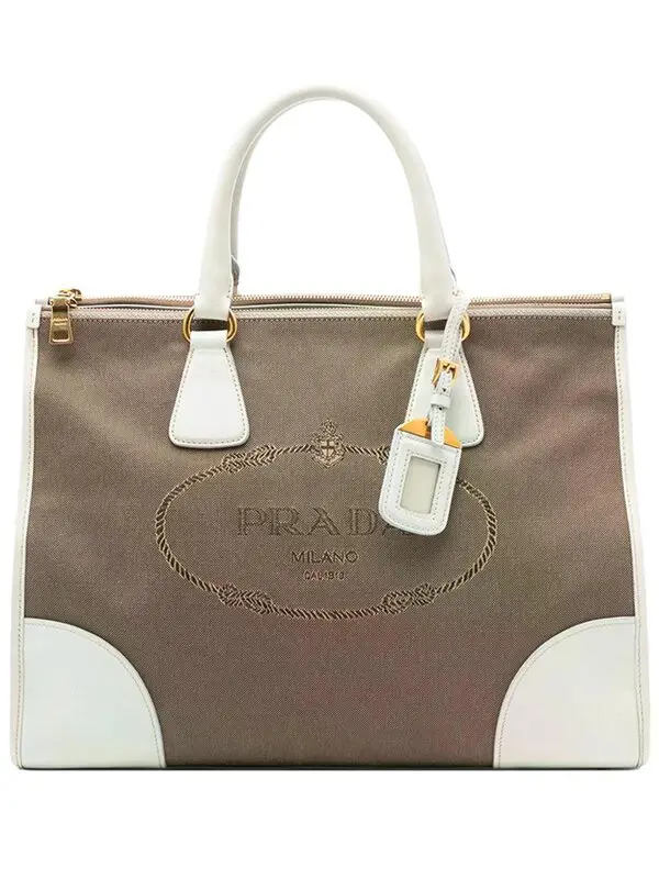 Prada Saffiano Trimmed Canvas Canapa Logo Double Zip Satchel - Brown
