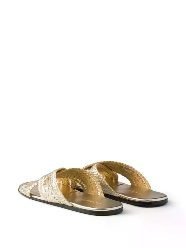 Prada Woven Leather Criss-cross Slides - Gold
