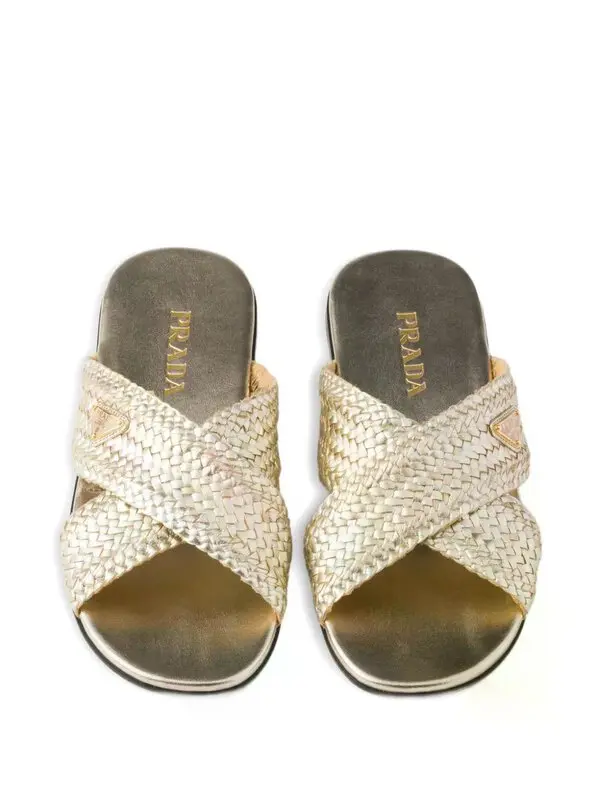 Prada Woven Leather Criss-cross Slides - Gold