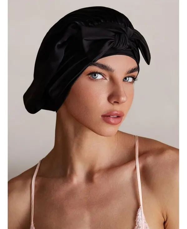 SILKSILKY Pure Mulberry Silk Bowknot Tie Bonnet - Black