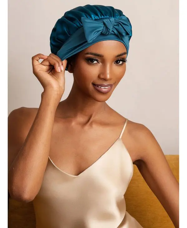 SILKSILKY Pure Mulberry Silk Bowknot Tie Bonnet - Blue