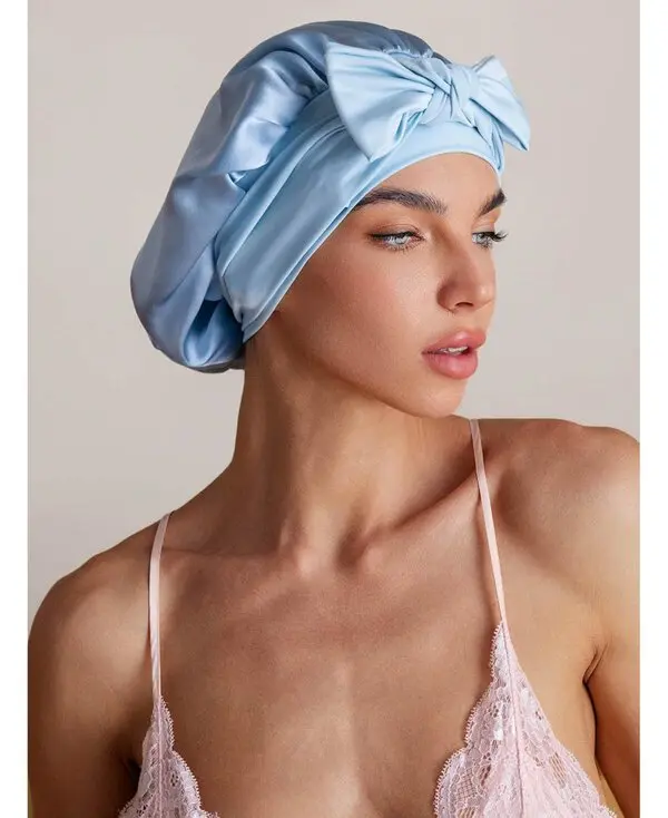 SILKSILKY Pure Mulberry Silk Bowknot Tie Bonnet - Light,pastel Blue