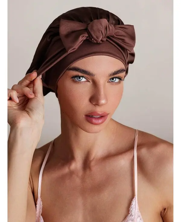 SILKSILKY Pure Mulberry Silk Bowknot Tie Bonnet - Medium Brown 213