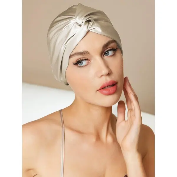 SILKSILKY Pure Silk Knot-front Hair Bonnet - Beige,khaki