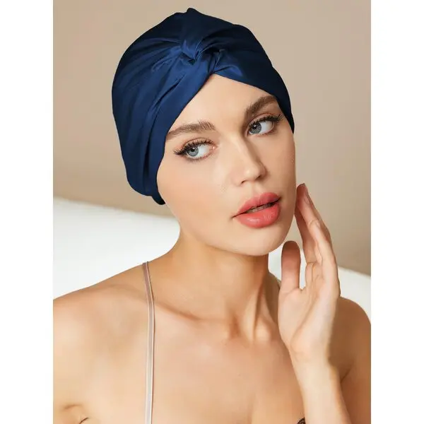 SILKSILKY Pure Silk Knot-front Hair Bonnet - Dark Blue