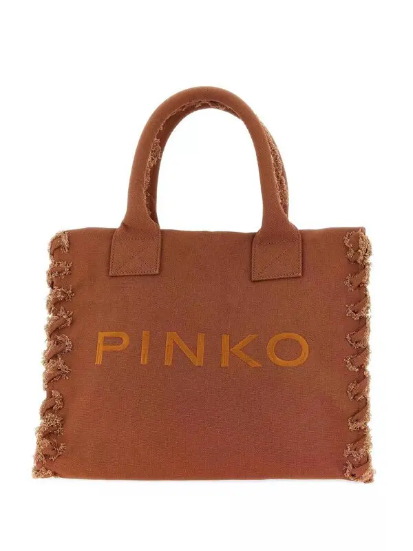 Pinko Medium Beach Tote Bag With Frayed Logo Embroidery - Brown