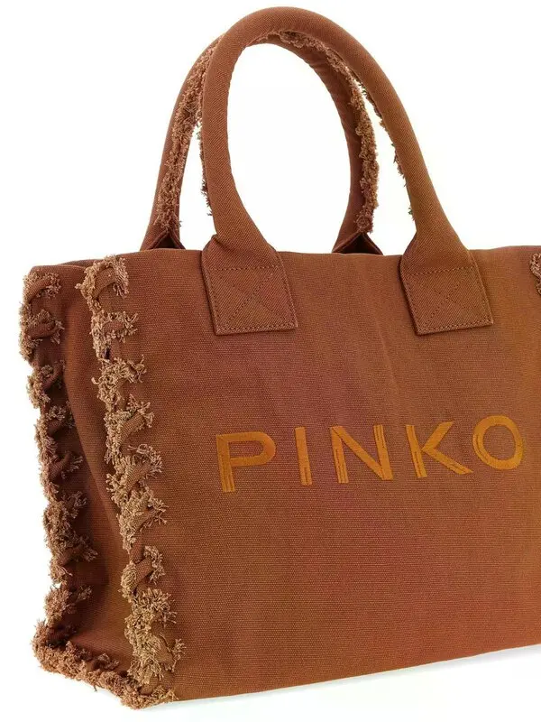 Pinko Medium Beach Tote Bag With Frayed Logo Embroidery - Brown