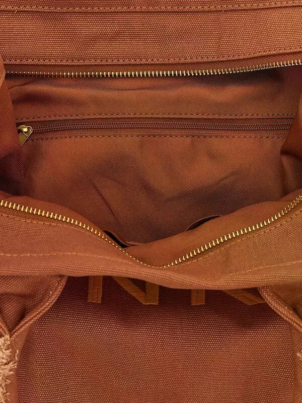 Pinko Medium Beach Tote Bag With Frayed Logo Embroidery - Brown