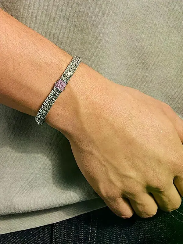 John Hardy Sterling Woven Bracelet With Pink Sapphire