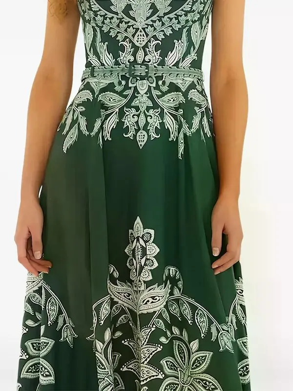 Farm Rio Miranda Buckles Floral Belted Midi Dress - Green | Editorialist