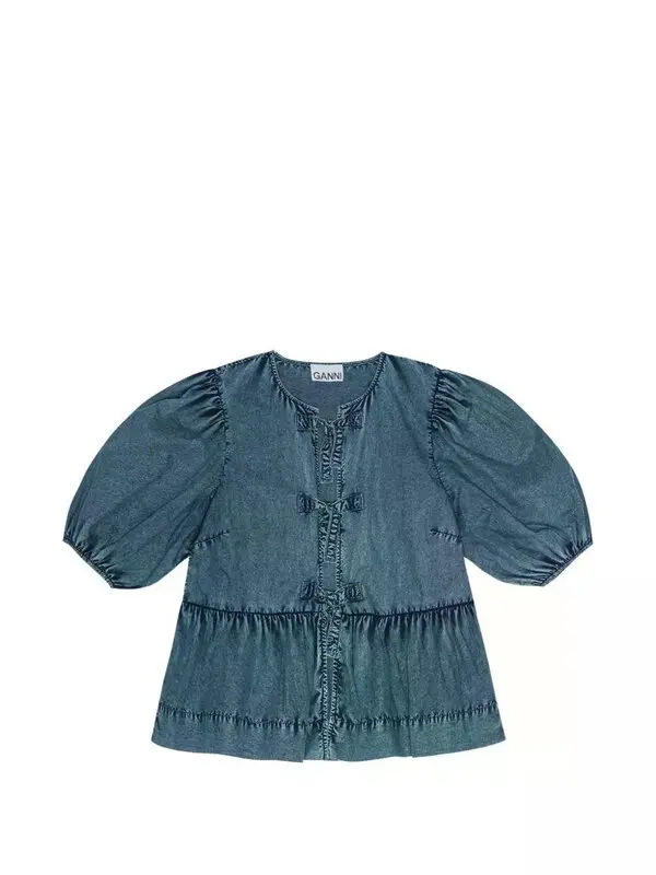 GANNI Peplum Top With Bow Detail - Blue