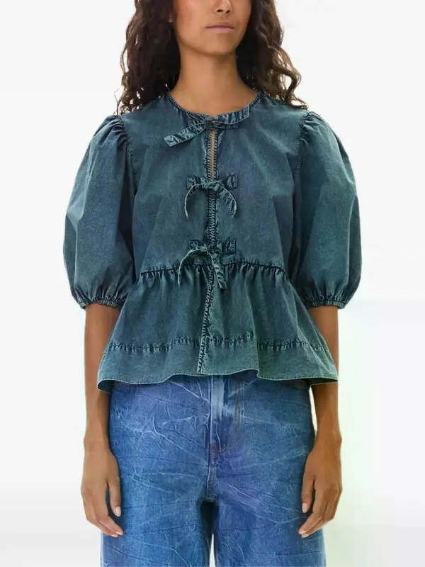 GANNI Peplum Top With Bow Detail - Blue