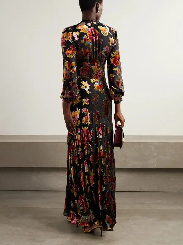 rixo amelle silk maxi dress bekaontoast looks stunning in the Amelle dress by Rixo  a 1930s-inspired  gown that hugs the hips with its bias-cut velvet Lurex. The fluted sleeves  and V-neckline make it effortlessly chic without