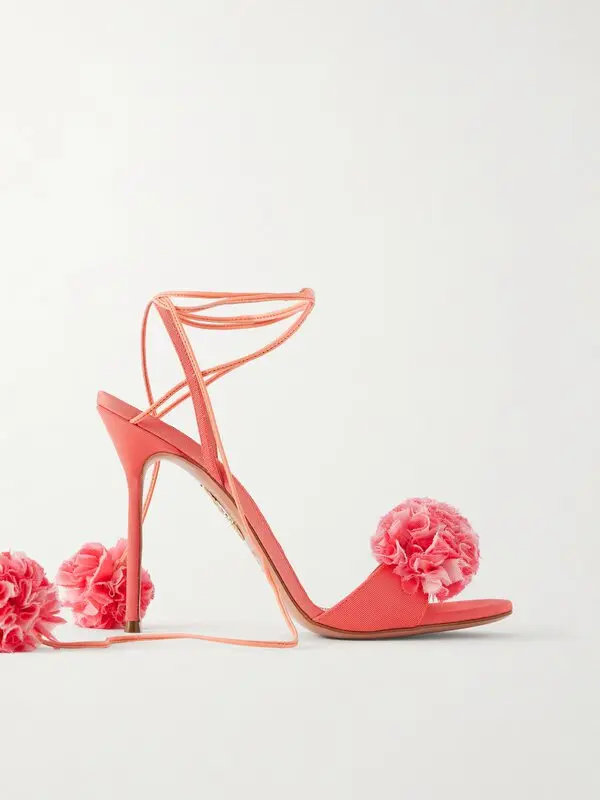 AQUAZZURA Cherry Kiss Ruffled Chiffon And Leather-trimmed Grosgrain Sandals - Pink