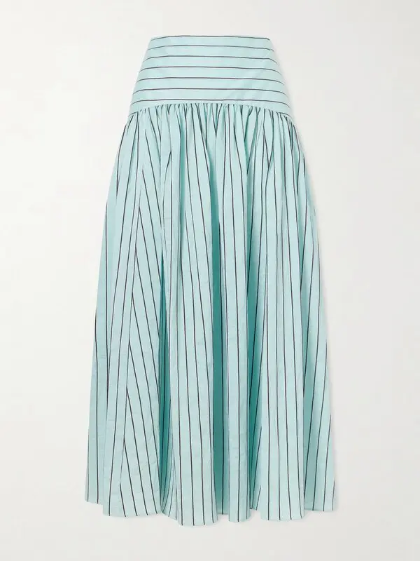 Staud Procida Pleated Striped Cotton-blend Poplin Midi Skirt - Blue