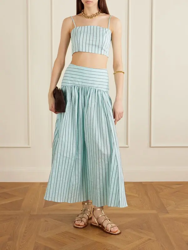 Staud Procida Pleated Striped Cotton-blend Poplin Midi Skirt - Blue