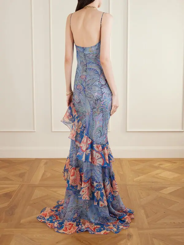 etro silk tiered dress Etro, Paisley floral tiered silk chiffon maxi dress, Women, Blue, M, Dresses