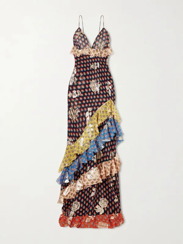 Etro Ruffled Tiered Printed Metallic Fil-coupé Silk-chiffon Maxi Dress - Multi