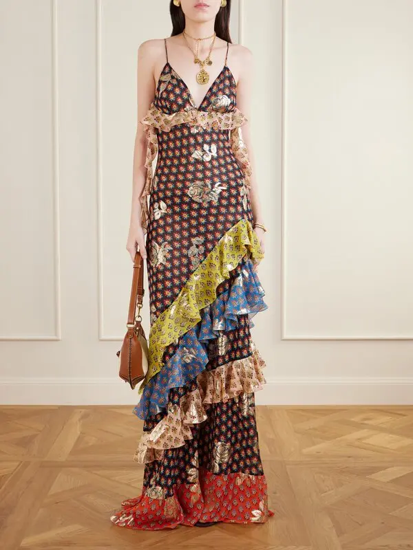 Etro Ruffled Tiered Printed Metallic Fil-coupé Silk-chiffon Maxi Dress - Multi