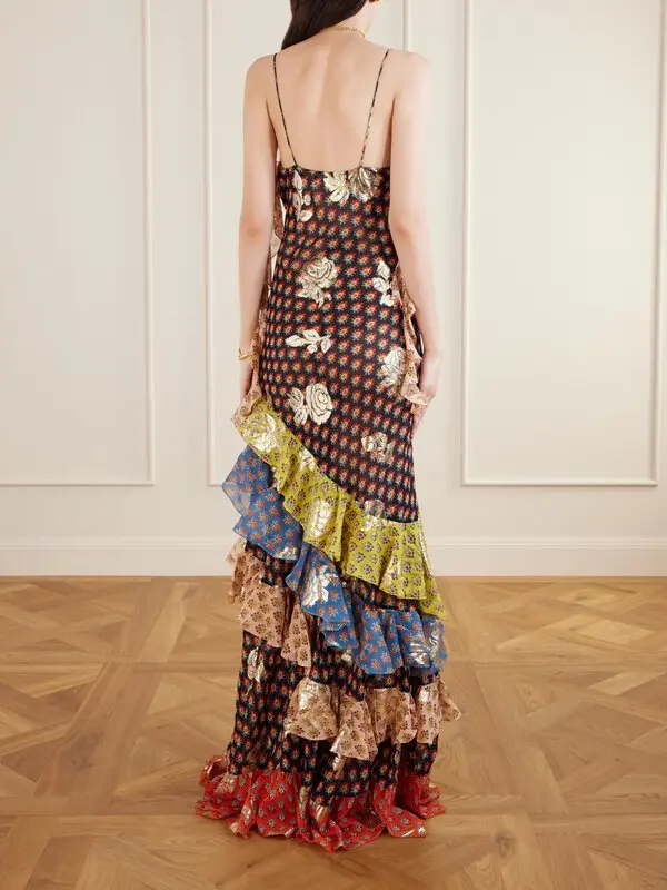 Etro Ruffled Tiered Printed Metallic Fil-coupé Silk-chiffon Maxi Dress - Multi
