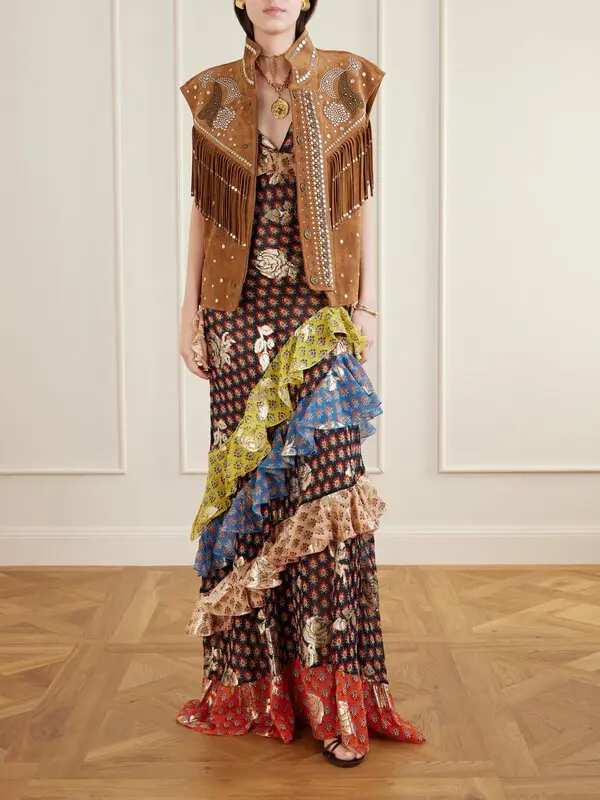 Etro Ruffled Tiered Printed Metallic Fil-coupé Silk-chiffon Maxi Dress - Multi