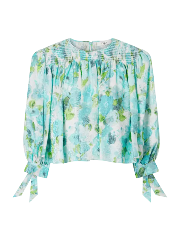 Chloé Cropped Smocked Floral-print Silk-jacquard Blouse - Blue