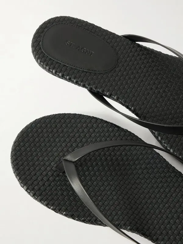 ST. AGNI Woven Leather Flip Flops - Black