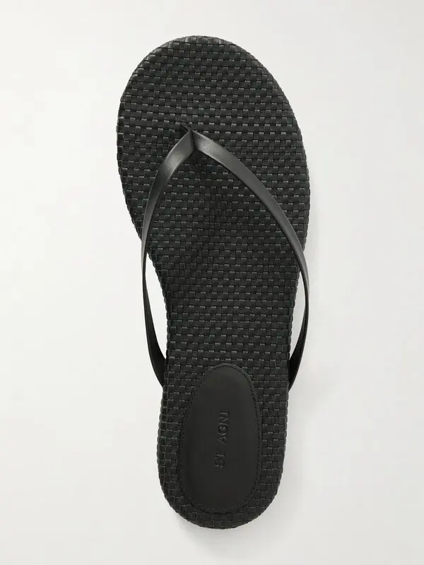 ST. AGNI Woven Leather Flip Flops - Black