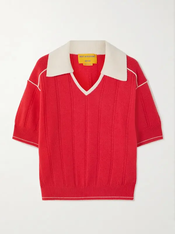 Guest In Residence Pele Two-tone Ribbed Cashmere Polo Sweater - Red