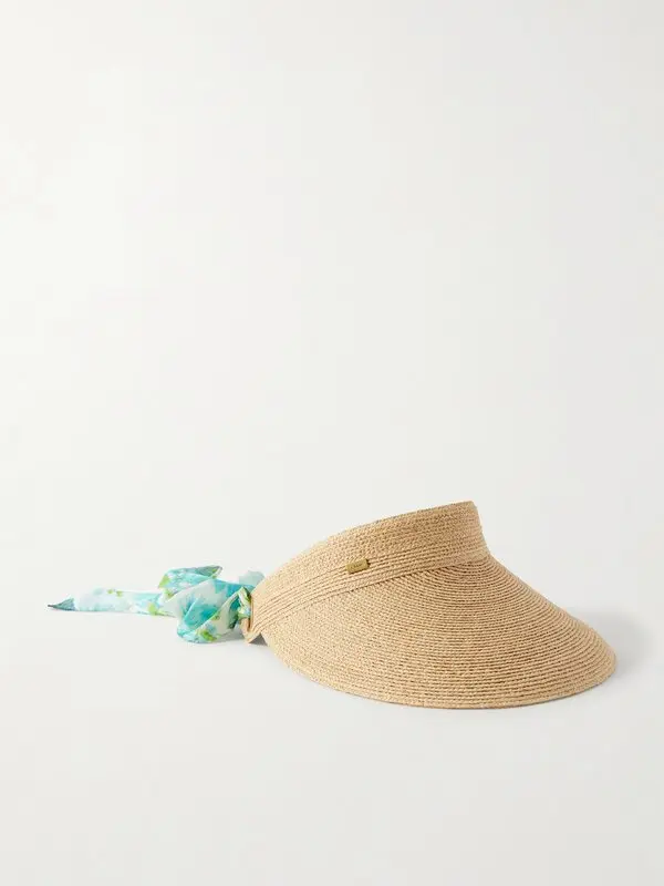 Chloé Printed Silk-trimmed Woven Raffia Sun Visor - Blue