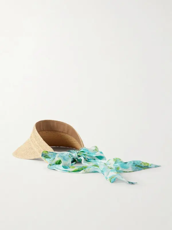 Chloé Printed Silk-trimmed Woven Raffia Sun Visor - Blue