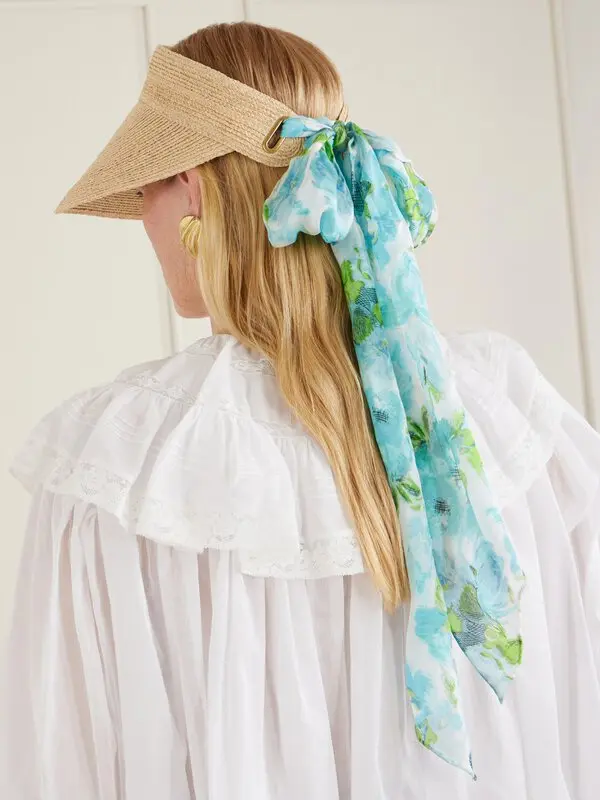 Chloé Printed Silk-trimmed Woven Raffia Sun Visor - Blue