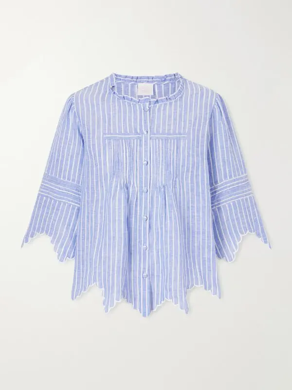 Loretta Caponi Matilde Scalloped Striped Linen Shirt - Blue