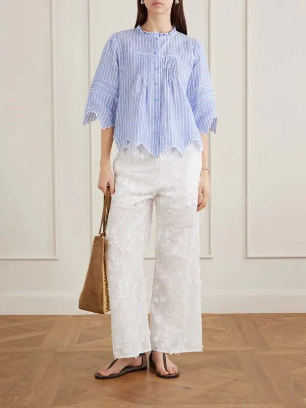 Loretta Caponi Matilde Scalloped Striped Linen Shirt - Blue