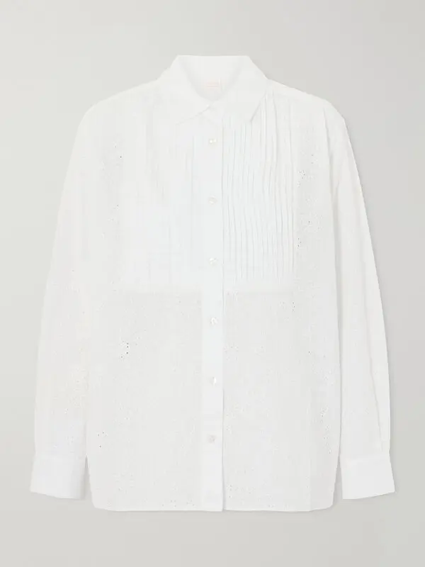 Loretta Caponi Arabelle Pleated Broderie Anglaise Cotton Shirt - White