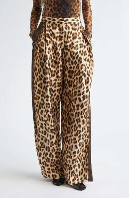 Sportmax Oblo Leopard Print Silk Twill Wide Leg Pants - Camel